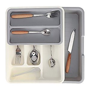 Yosoo Cutlery Organizer, 3-piece Combination Expandable Adjustable Cutlery Storage Tray 7 Compartments Tidy Drawer Utensil Organizer Silverware Organizer for Kitchen (12.4x9.3in)