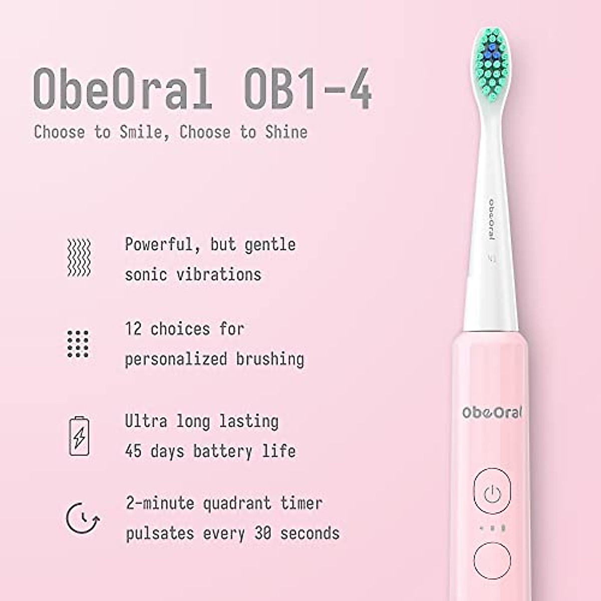 ObeOral Sonic Electric Toothbrush, 12 Modes Rechargeable Tooth Brush with 4 Dupont Bristles, Smart Timer, Whitening Electric Toothbrushes for Adults and Kids 8+, Light Pink