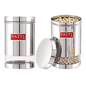 HAZEL Stainless Steel Transparent Glossy Finish See Through Container, Silver, Set of 2, 1700 Ml