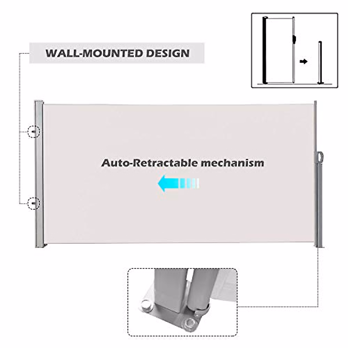 sunseen Side Awning Retractable Patio Awning Folding Screen Fence Privacy Wall Corner Divider Indoor Room Divider Garden Outdoor Sun Shade Wind Screen with Steel Pole (L 118” x H 63”, Beige)