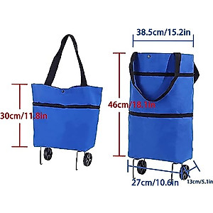 YASYU Foldable Shopping Bag with Wheels Folding Shopping Trolley Tote Bag on Wheels Collapsible Shopping Cart Bags 2 in 1 Reusable Grocery Bags Travel Bag (Blue)