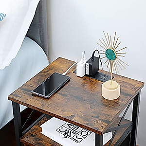AMHANCIBLE End Table Living Room with Charging Station, Side Table with Fabric Drawer, Small Side Table with USB Ports and Outlets for Small Spaces Rustic Brown and Black HET05XBR1