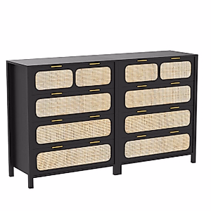 QEIUZON 4 Drawer Dresser, Modern Rattan Dresser Chest with Wide Drawers and Metal Handles, Farmhouse Wood Storage Chest of Drawers for Bedroom, Living Room, Hallway, Entryway (Black-4 Drawers-2 Packs)