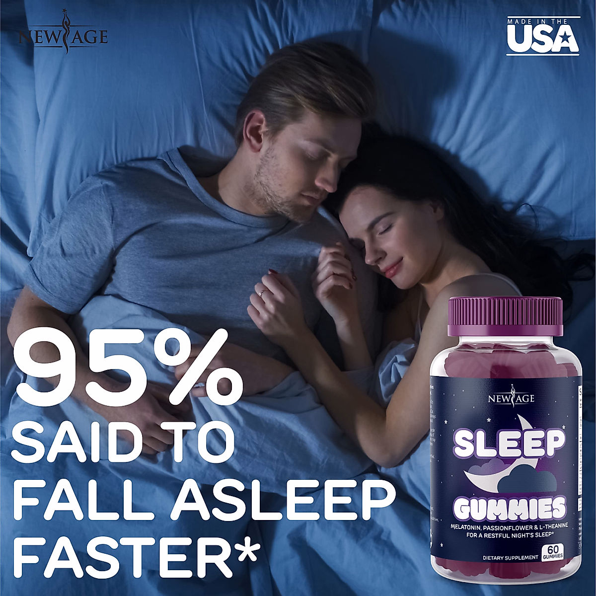 NEW AGE Sleep Melatonin Gummies 2 Pack - All Natural Flavor with L Theanine, Passionflower, Chamomile, and Lemon Balm - Made in The USA - 120 Gummies - 60 Night Supply