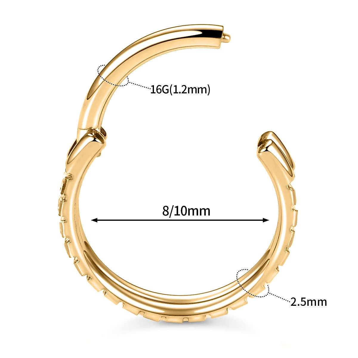 FUNLMO Surgical Steel Hinged Segment Ring CZ Conch Helix Septum Piercing Jewelry Nose Rings Hoops Cartilage Lobe Huggie Earring Small Hoop Earring16G 8mm Gold