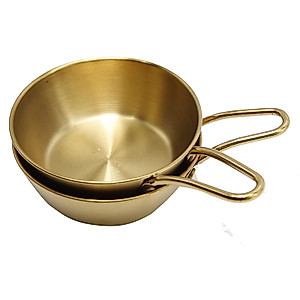 2 Pack 4.7inch Stainless Steel Sauce Bowls with Handle Korean Traditional Wine Bowls,Hiking Soup Dish, Rice Wine Cup Soy Sauce Dish Condiment Dipping Bowl(Golden)