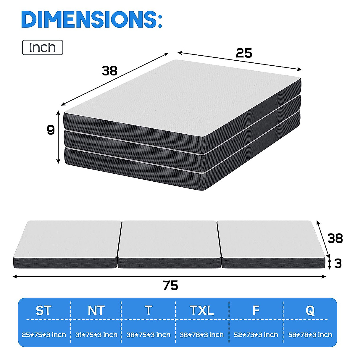 FDW 3 inch Tri Folding Memory Foam Mattress/Foldable Mattress for Kids and Adults/Medium-Firm Mattress with a Collapsible and Washable Cover/Suitable for RV Travel Camping Guest,Twin