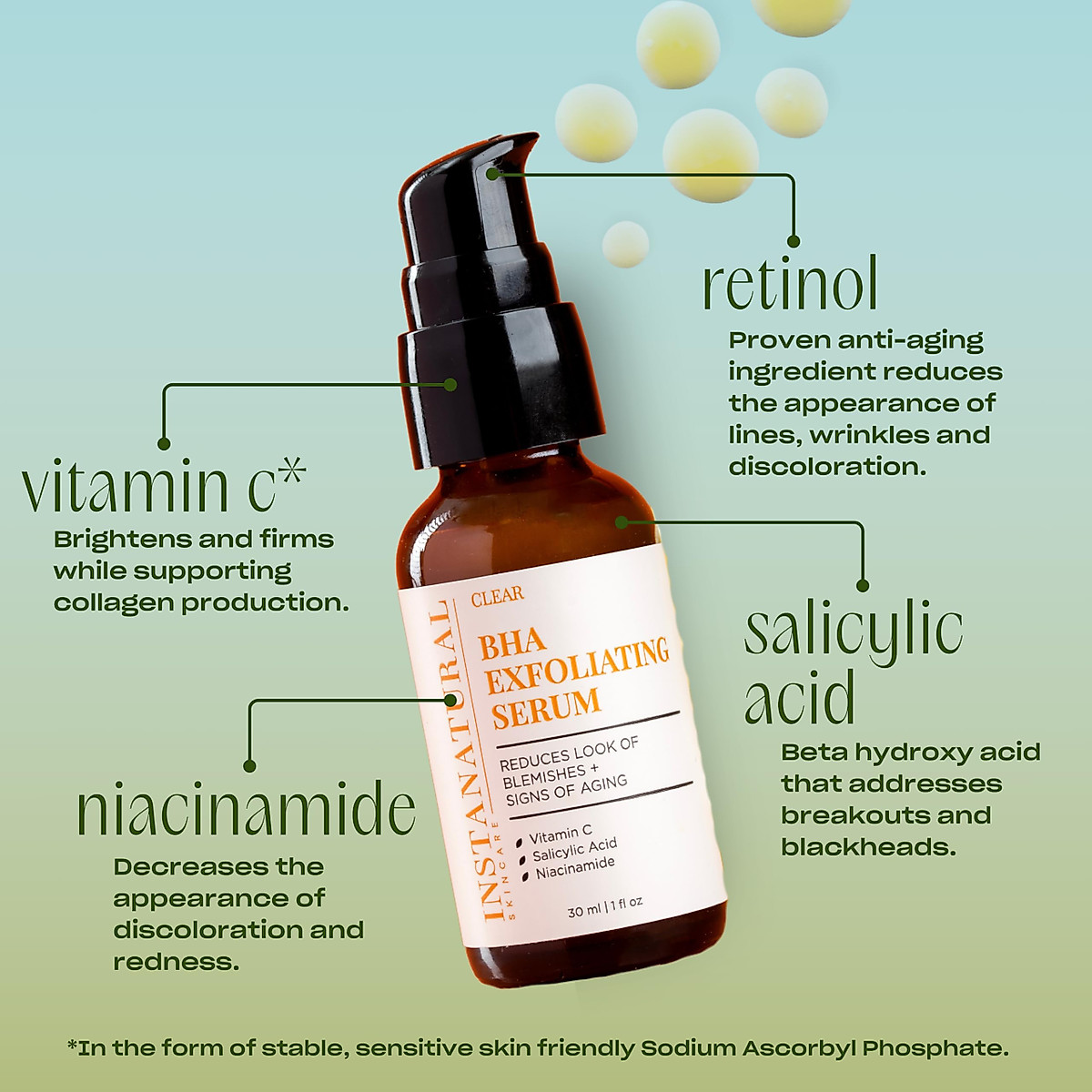 InstaNatural BHA Exfoliating Face Serum, Minimizes Lines, Wrinkles, and Blemishes, with Vitamin C and Salicylic Acid, 1 Fl Oz