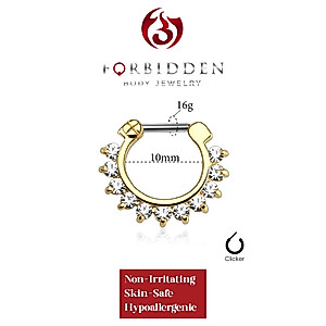 Forbidden Body Jewelry 16g 8mm Surgical Steel Septum and Cartilage/Daith CZ Lined Hoop Clicker Ring (Gold Tone)