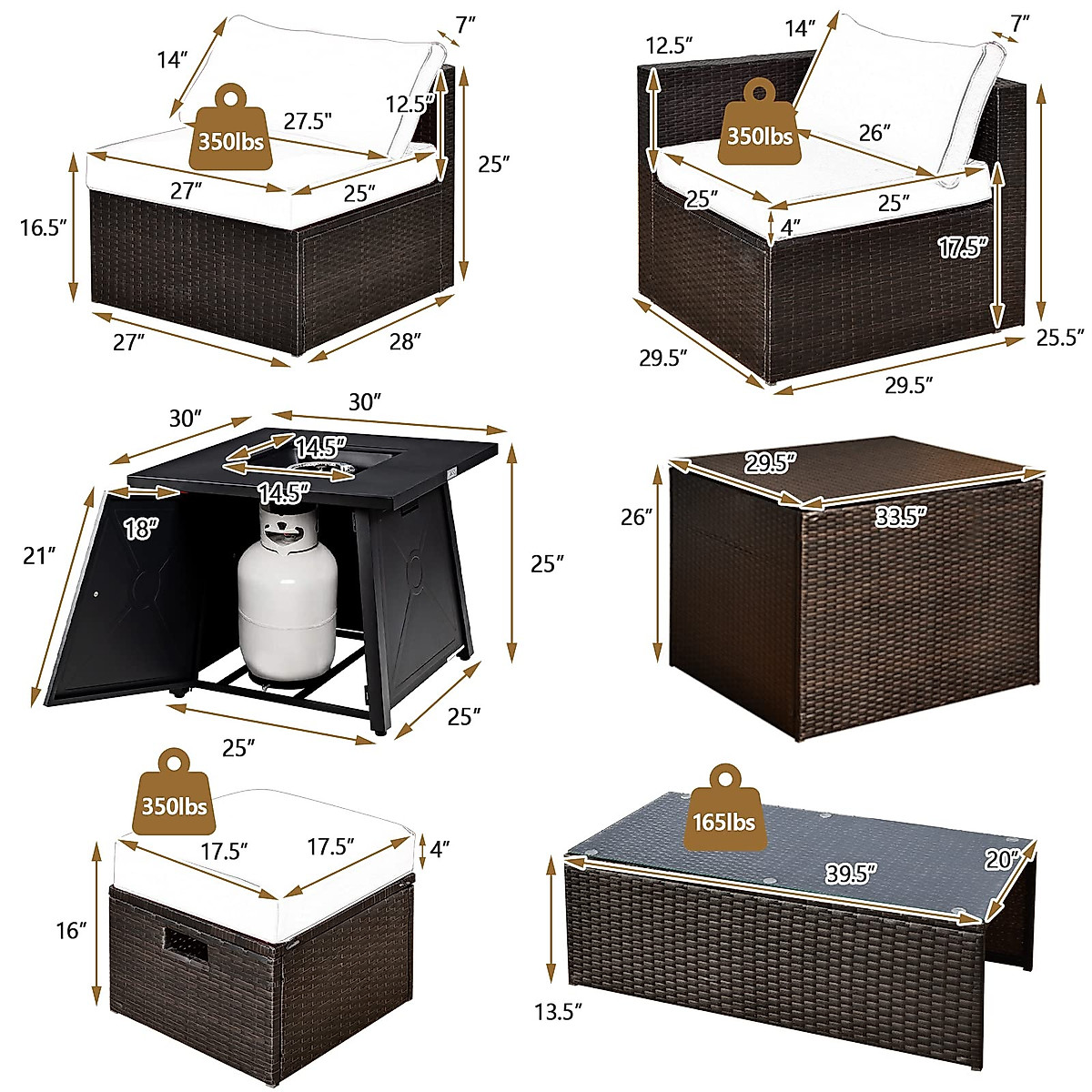 Tangkula 9 Pieces Patio Furniture Set with 30” Propane Fire Pit Table, Outdoor PE Wicker Sectional Sofa Set with Storage Box, 50,000 BTU Gas Fire Pit Table with 2 Protective Covers (Black)