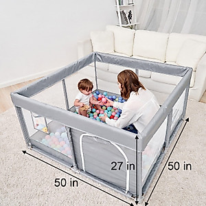 PandaEar Large Playpen for Toddlers, Sturdy Baby Play Yards with Soft Breathable Mesh, Indoor & Outdoor Kids Activity for Infant Safety (50"×50")-Grey