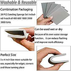 Tonmp 20 Pcs 3 x 4 Inch 400-3000 Grit Sanding Sponge Set, Ultra Fine Sanding Sponges Pads, Soft Foam Hand Sander Block Wet Dry Sandpaper for Model Drywall Metal Wood Furniture Polishing