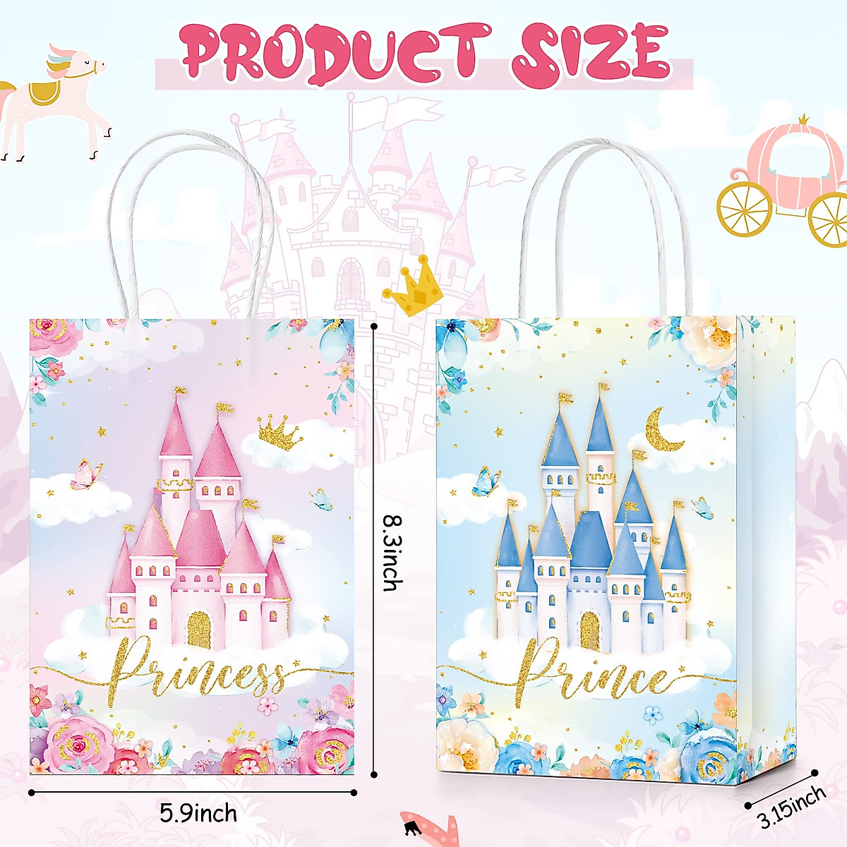 24 Pcs Princess Prince Party Favor Bags Prince Princess Castle Party Bags Princess Treat Bags with Handles Candy Goodie Bags for Gender Reveal Party Baby Shower Wedding Supplies (Princess and Prince)