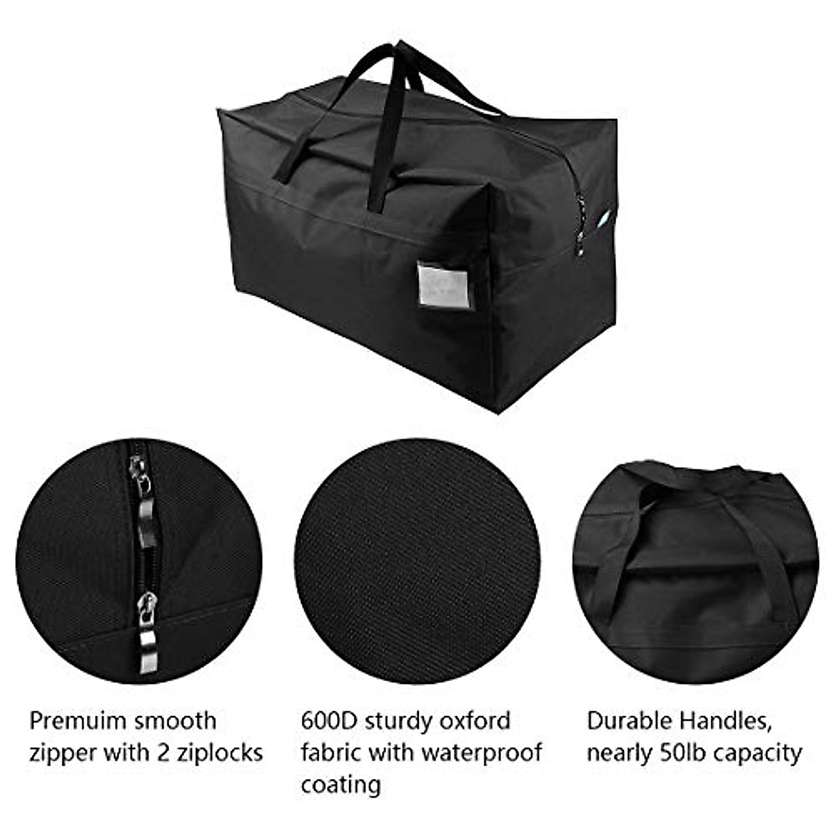 AMJ Christmas Decorations Storage Container Bag | Holds Xmas Trees, Lights, Balls etc, Unzippered Top Three Side Open Bag, Black