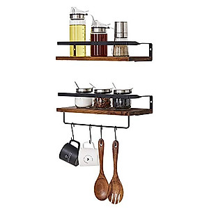 Micup Floating Shelves Wall Mounted Set of 2 Rustic Wood Storage Shelf for Bathroom, Bedroom, Kitchen, Living Room (with Removable Hooks, Dark Brown)