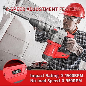 Rotary Hammer Drill, Revvstark 13 Amp 1-1/4 Inch SDS-Plus Heavy Duty Rotary Hammer Drill Powerful, Safety Clutch 4 Functions, Vibration Control Including Grease, Chisels, Drill Bits and Case