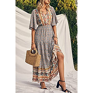 PRETTYGARDEN Women's Casual Summer Boho Floral Print Dress V Neck Short Sleeve High Waist Long Maxi Beach Dresses (White Floral,Medium)