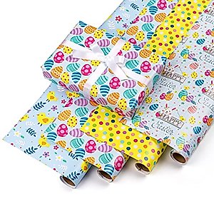 LeZakaa Easter Wrapping Paper Roll - 40 x 120 inches per Roll - Easter Bunny/Egg/Chicken/Dot Print for Gift Wrap, Craft - 4 Rolls