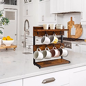 IBUYKE Rustic Coffee Mug Holder Stand, 2 Tier Countertop Mug Tree Holder Rack with Storage Base, Vintage Mug Holders for Kitchen, Holds 8 Mugs, Rustic Brown UTBJ002H