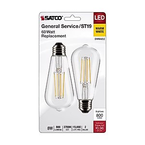 Satco S21870 8 Watt ST19 LED Bulb, Clear: Medium Base, 2700K, 800 Lumens, 2-Pack
