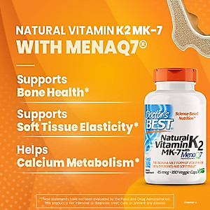 Doctor's Best Natural Vitamin K2 Mk-7 Capsule , Supports Bone Health & Soft Tissue Elasticity, 180 Ct