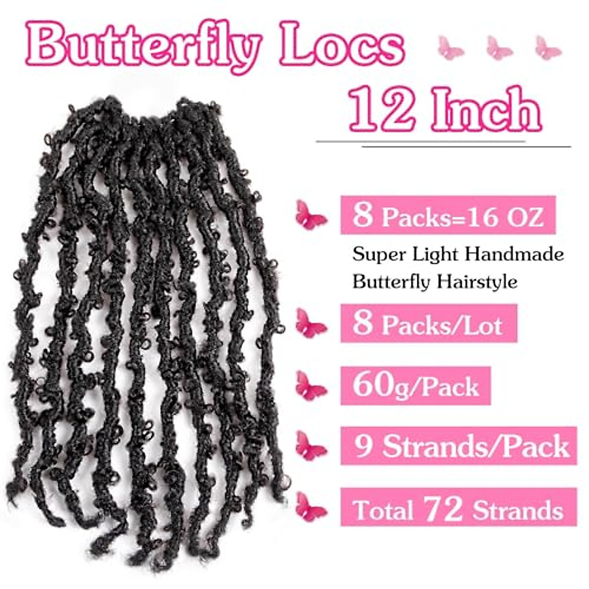Col Bling Butterfly Locs Crochet Hair 12 Inch 8 Packs, Soft Butterfly Locs Distressed Faux Locs Crochet Hair Pre Looped Crochet Hair (12Inch 8Packs, #1B)