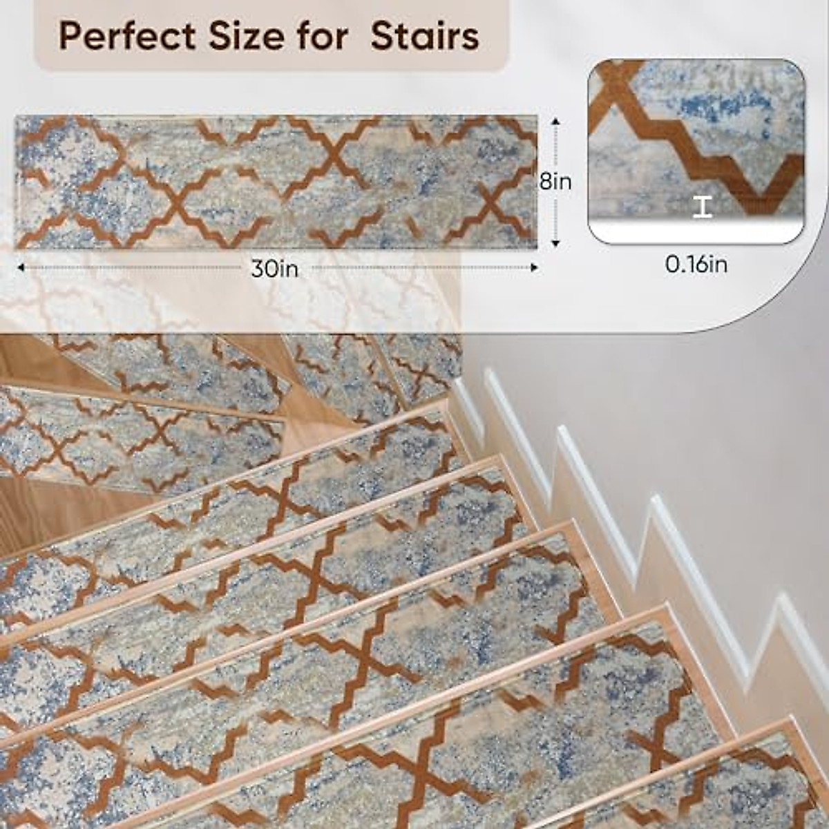 Stair Treads Non Slip Stair Carpet Treads, Carpet Stair Treads for Wooden Steps Indoor 15 pcs 8 * 30 inch,Removable Quick-Dry Machine Washable,Stair Rugs for Kids and Dogs,Golden Diamond