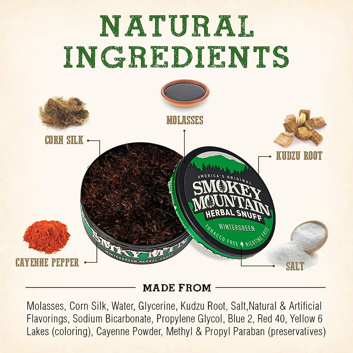 Smokey Mountain Herbal Long Cut – Wintergreen – 1 Can - Tobacco Free and Nicotine Free Snuff