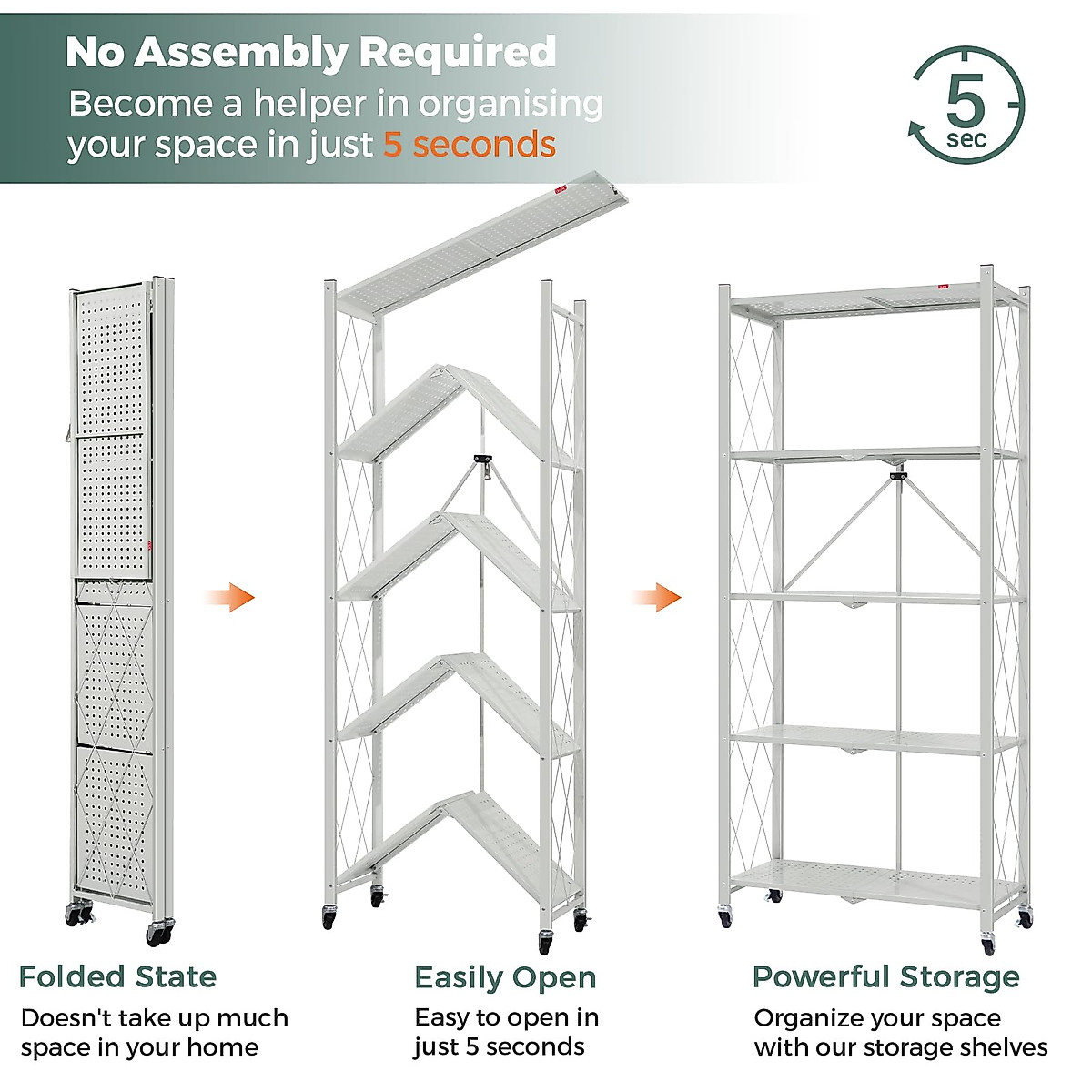 DEANIC 5 Tier Storage Shelves with Wheels, Kitchen Rolling Cart, Metal Garage Shelving No Assembly, Heavy Duty Utility Cart for Garage, Kitchen, Basement, Pantry (Grey,Pack of 2)