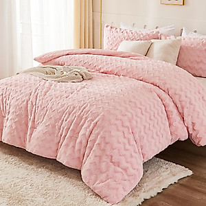 Andency Pink Fleece Comforter Set Full, 3 Pieces Fuzzy Shaggy Plush Sherpa Bedding Comforter Set Women Girls, Solid Fluffy Faux Fur Bed Comforter Set for Winter