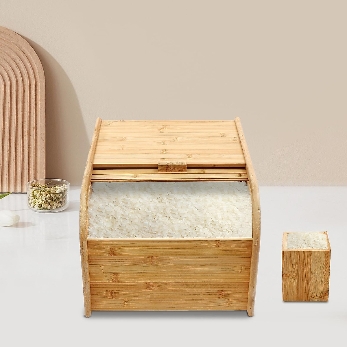 DYNAMI Bamboo Rice Storage Container,33Lbs Wooden Cereal Containers Storage Rice Dispenser,Large Dry Storage Rice Container Box with Sliding Lid and Measuring Cup,for Flour Grains