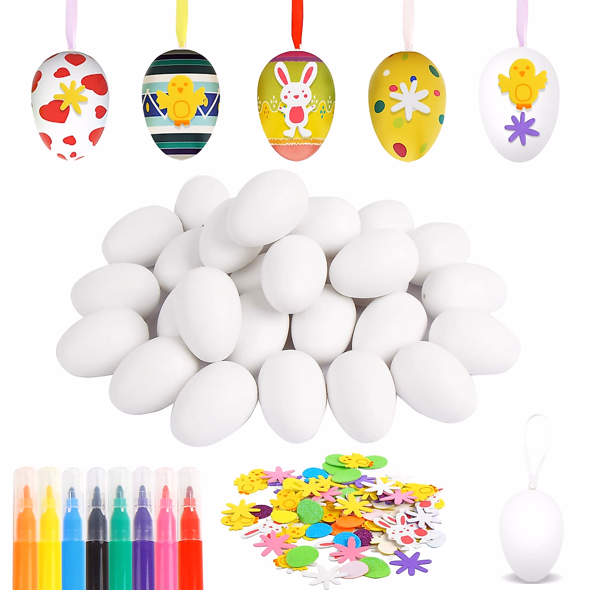 CCINEE Plastic DIY Easter Eggs Set, 30pcs White Egg Ornaments with Rope 8pcs Colored Pens and 80pcs Foam Stickers for Kids Easter Crafts Party Supply