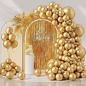 FOTIOMRG 130pcs Metallic Gold Balloon Garland Arch Kit with Fringe Backdrop, 18 12 10 5 inch Chrome Gold Latex Balloons Different Sizes Pack for Engagement Baby Shower Halloween Wedding Birthday Party Decorations