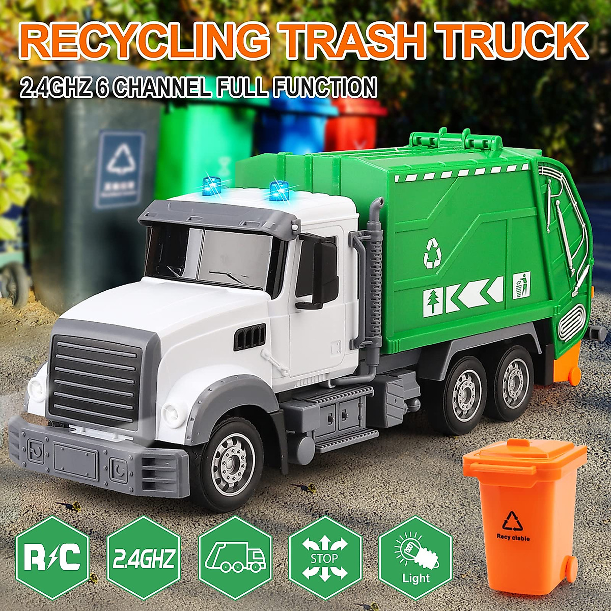 WEMOKA 2.4Ghz Remote Control Garbage Truck Toys, RC Trash Truck Toys for Boys with Trash Bin Real Lights, 1/24 Scale 6 Channel Rechargeable Recycling Truck Gift for Kids