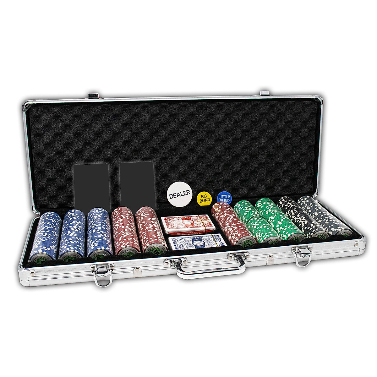 DA VINCI Professional Set of 500 11.5 Gram Casino Del Sol Poker Chips with Denominations, 2 Decks of Plastic Playing Cards, 2 Cut Cards & 3 Dealer Buttons (Silver Aluminum Frame Case)