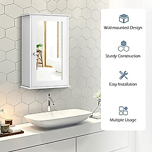Tangkula Mirrored Bathroom Cabinet, Wall Mount Storage Cabinet with Single Door, Bathroom Medicine Cabinet (White)