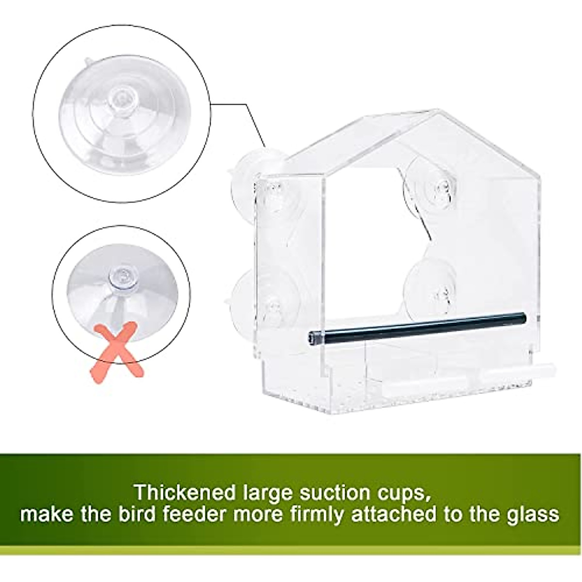 Fubullish Window Bird Feeder, Large Bird House Feeders for Outside with 4 Strong Suction Cups & 2 Extra Bird Stands, Removable Tray and Drain Holes, Birdhouse Shape, Clear Acrylic for Bird Watching