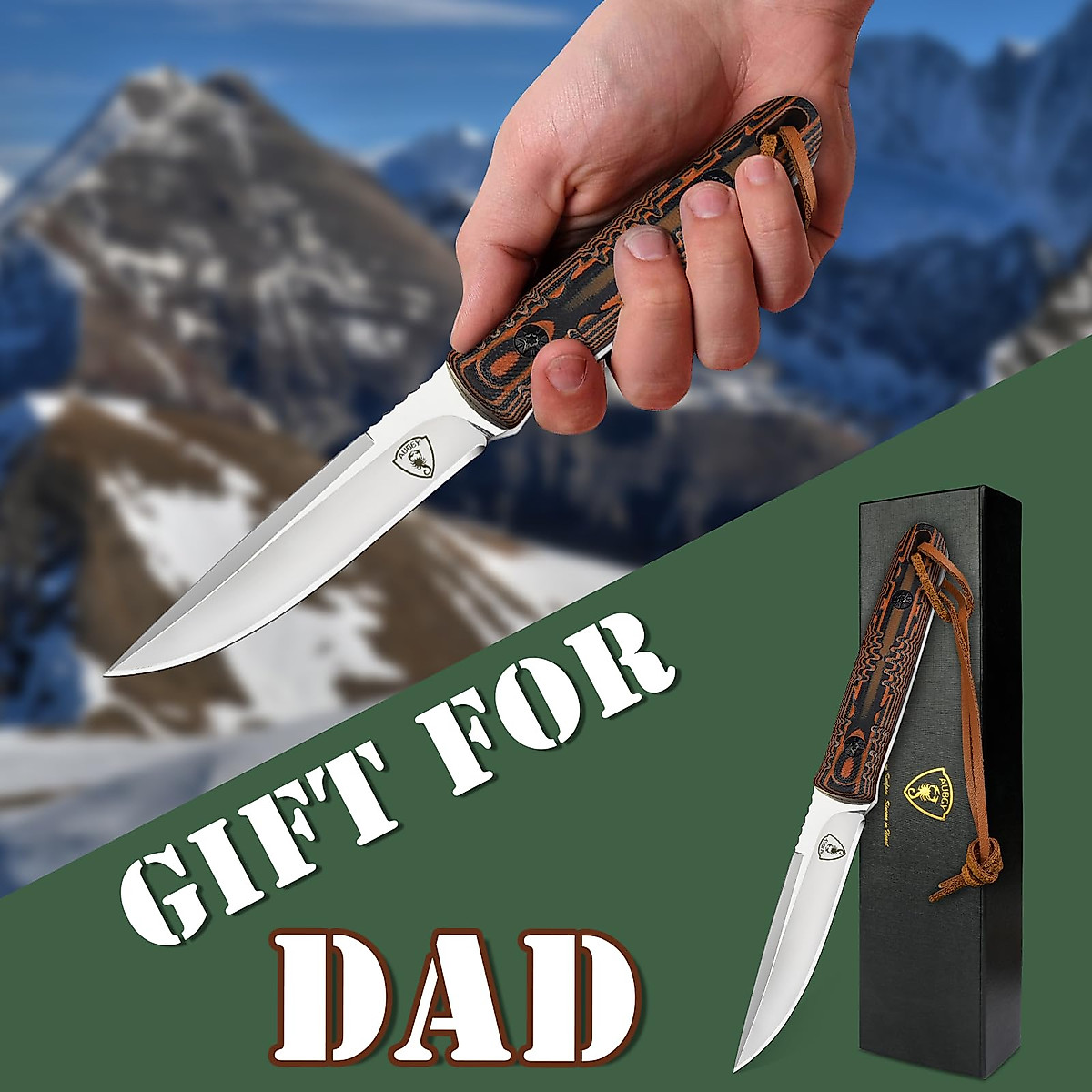 AUBEY Fixed Blade Hunting Knife, 4.52 inch D2 Steel Blade Survival Knife with Leather Sheath Wood Handle, Full Tang Camping Knife for Men Women