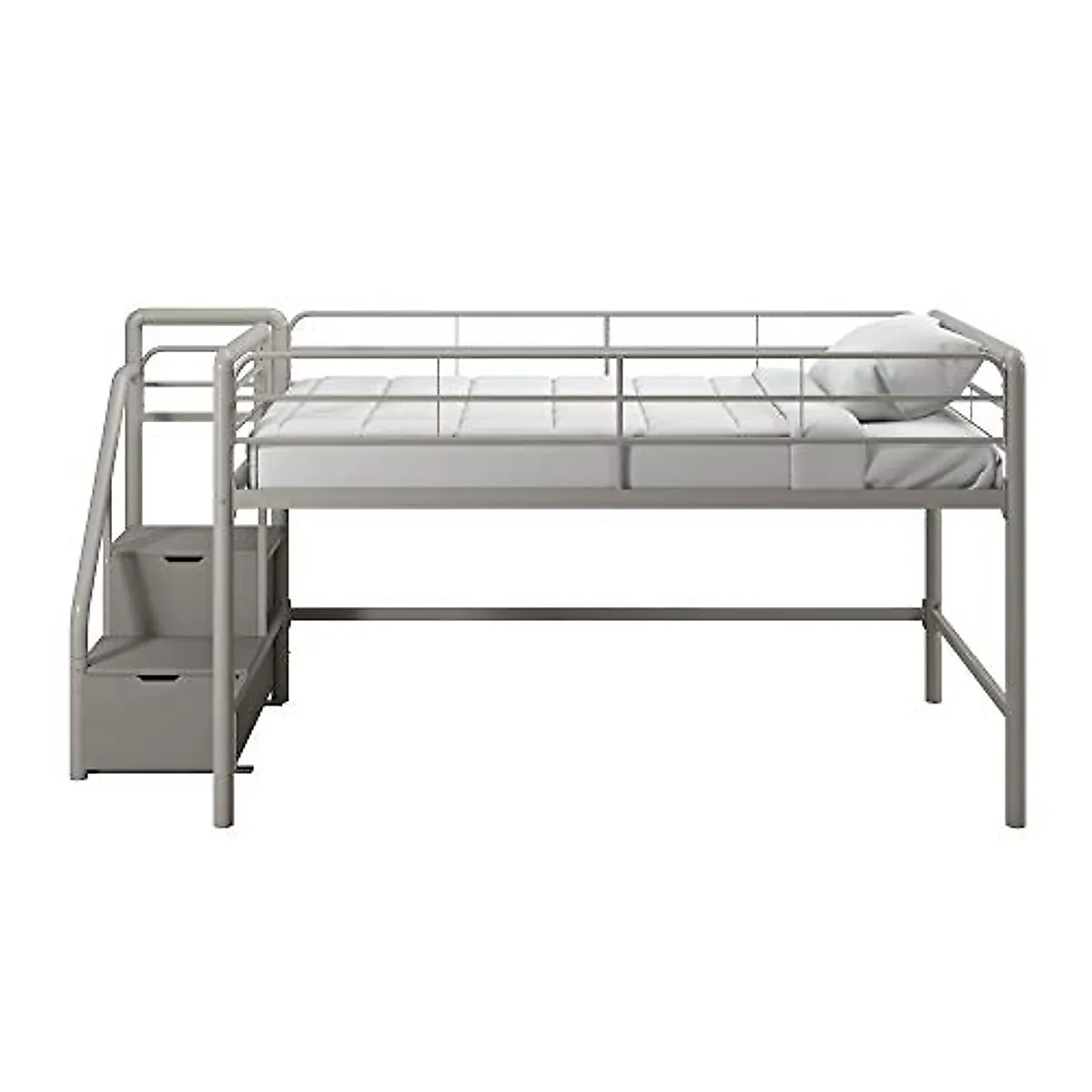 DHP Junior Twin Metal Loft Bed with Storage Steps, Multifunctional Space-Saving Solution - Silver with Gray Steps