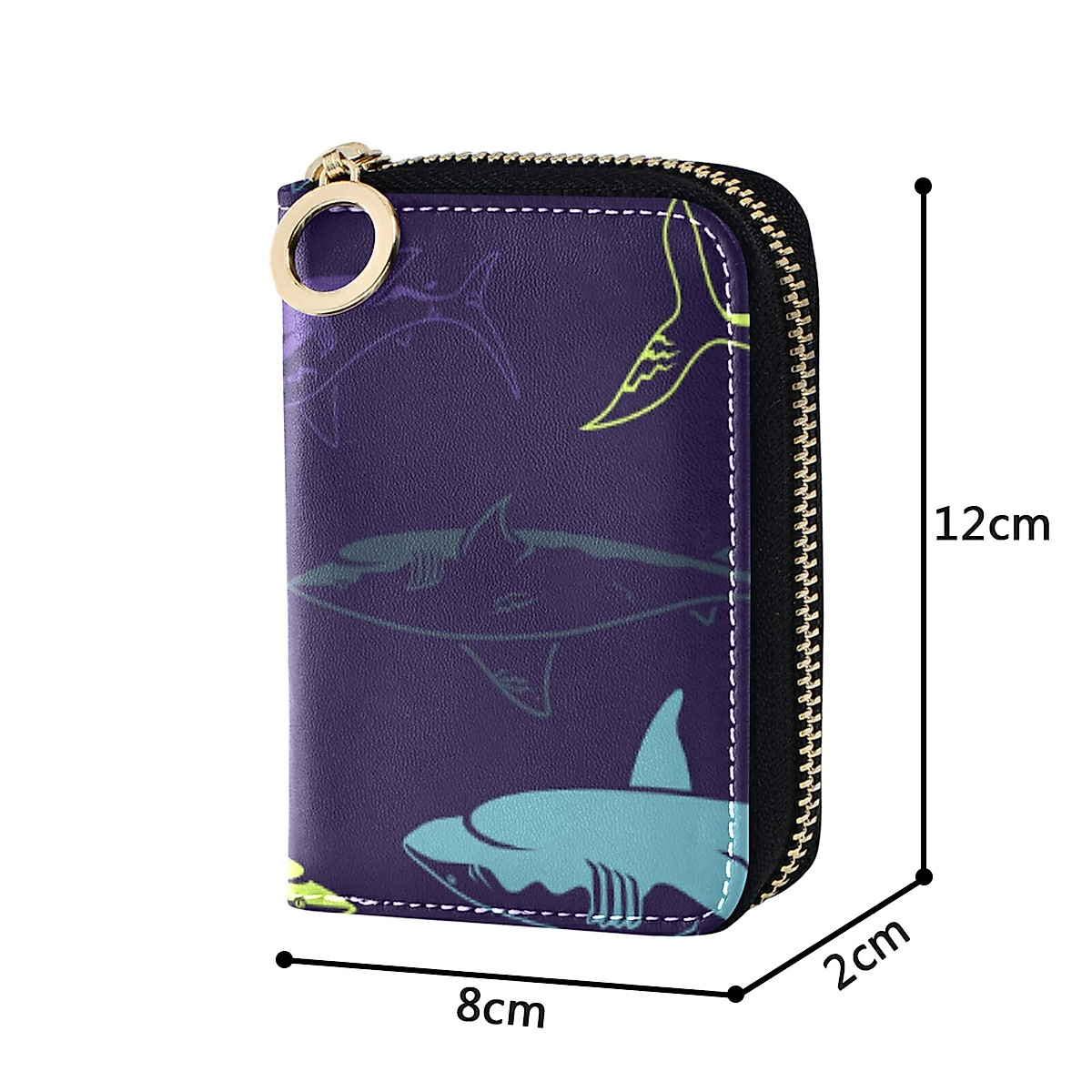 Seamless Yellow Purple Turquoise Swimming Sharks on Dark Credit Card Coin wallet, Key Change Organizer Zipper Purse Compact Clutch Pouch Pocket, RFID Blocking Women Leather Card Holder