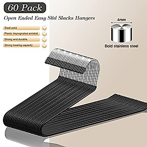 60 Pack Open Ended Pants Hangers, Metal Non Slip Trouser Hangers, Anti Rust Chrome Rubber Coating Slack Jeans Hangers, Heavy Duty Space Saving Pants Hangers for Pants Jeans Trousers Slacks Skirts