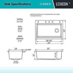 32" x 22" Workstation Sink, Single Bowl Kitchen Sinks, Drop in Kitchen Sink, Granite Composite Kitchen Sink, Quartz Undermount Sink, Galaxy White Kitchen Sink, with Grid, Strainer, Flange LP-750TM-W
