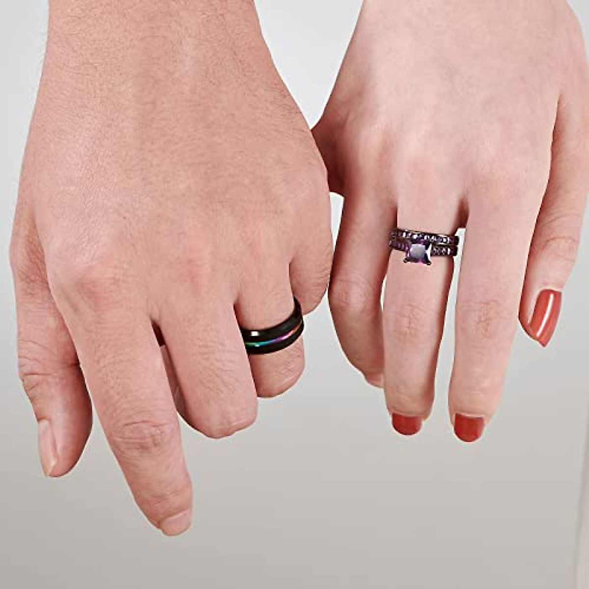 SHELOVES Black Plated Couples Women Purple Wedding Rings Sets His and Hers Men Tungsten Wedding Band 9+8