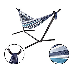 Double Brazilian Hammock with Stand Included – Woven Cotton, 2-Person, Outdoor Swing with Frame for Camping, Backyard, or Patio by Pure Garden (Blue)