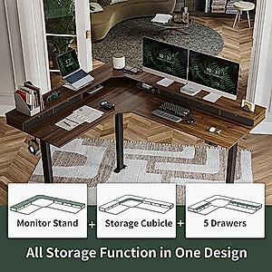 FEZIBO Triple Motor 75" L Shaped Standing Desk with 5 Drawers, Reversible Electric Standing Gaming Desk Adjustable Height, Corner Stand up Desk with Splice Board, Black Frame/Black Walnut Top