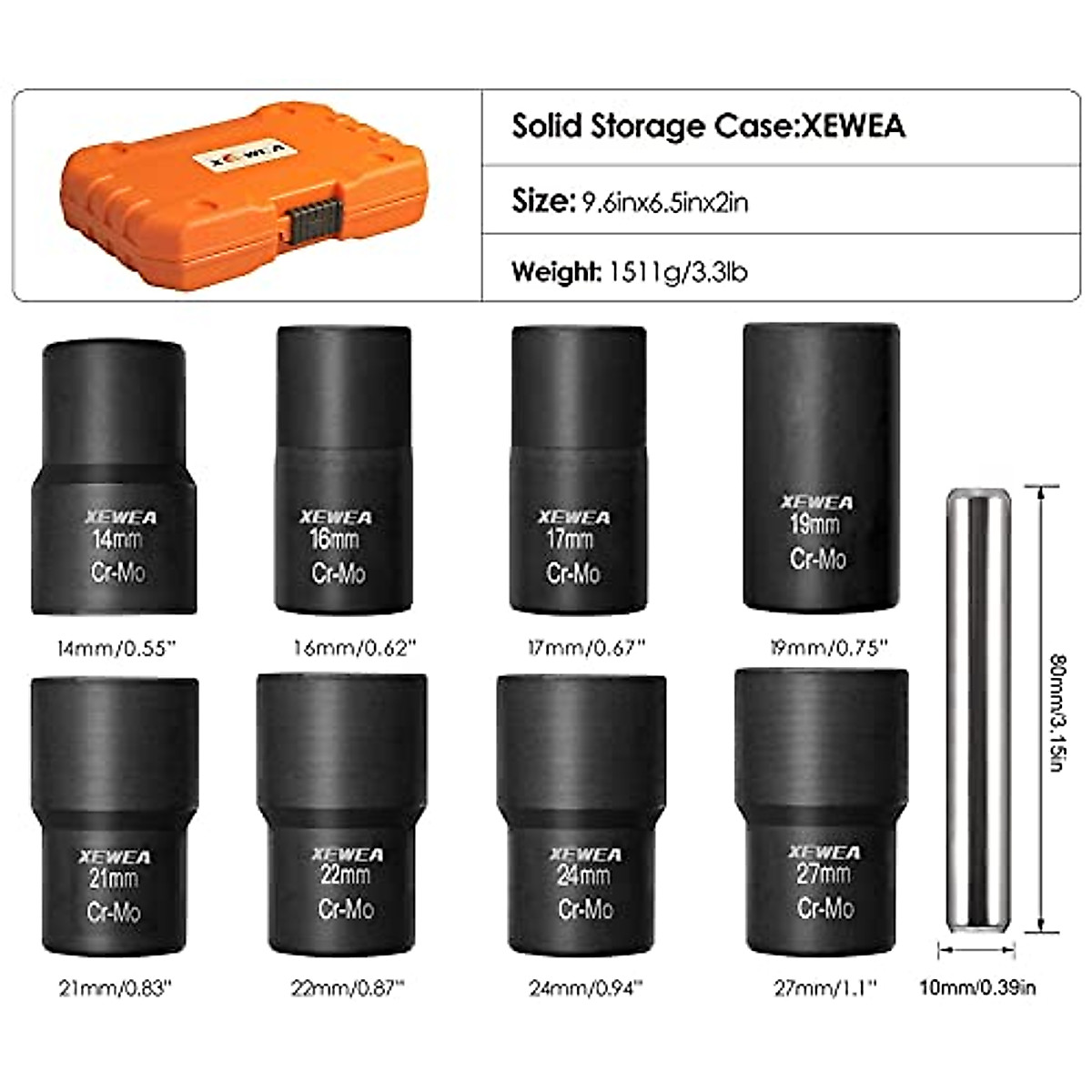 XEWEA 9PCS Bolt Nut Extractor Set, 1/2" Drive Impact Lug Nut Remover Socket Tool, Wheel Lock Removal Kit, Easy Out Extractor Set for Damaged, Frozen, Rusted, Rounded-Off Bolts Nuts & Screws