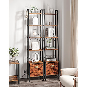Hzuaneri Narrow Bookshelf Bookcase with Drawer, Ladder Shelf with 2 Hooks, Bookshelves Storage Organizer, Freestanding Display Standing for Home Office, Bedroom, 6 Tier Rustic Brown BC19601B