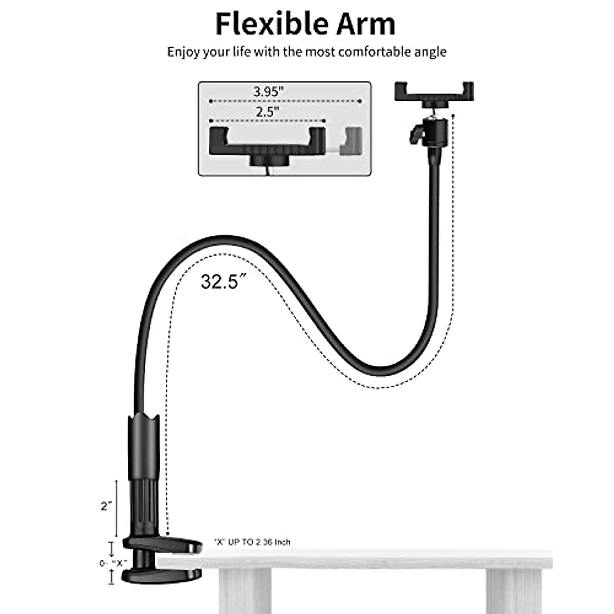 Gooseneck Phone Holder for Bed / Desk, Flexible Phone Holder with 360 Adjustable Clamp Clip, Overhead Phone Mount, for Cookie Decorating, Recording or Watching Video TikTok Blog Crafting Drawing