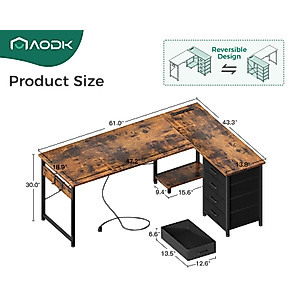 AODK L Shaped Desk with 4 Tier Drawers, 61" Reversible Gaming Desk with Power Outlets, L Shaped Computer Desk with USB Charging Port and Host Stand, Home Office Corner Desk, Easy to Assemble, Vintage