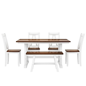 GLORHOME 6-Piece Farmhouse Style Wood Kitchen Table Set with Long Bench and 4 Dining Chairs,Walnut+White